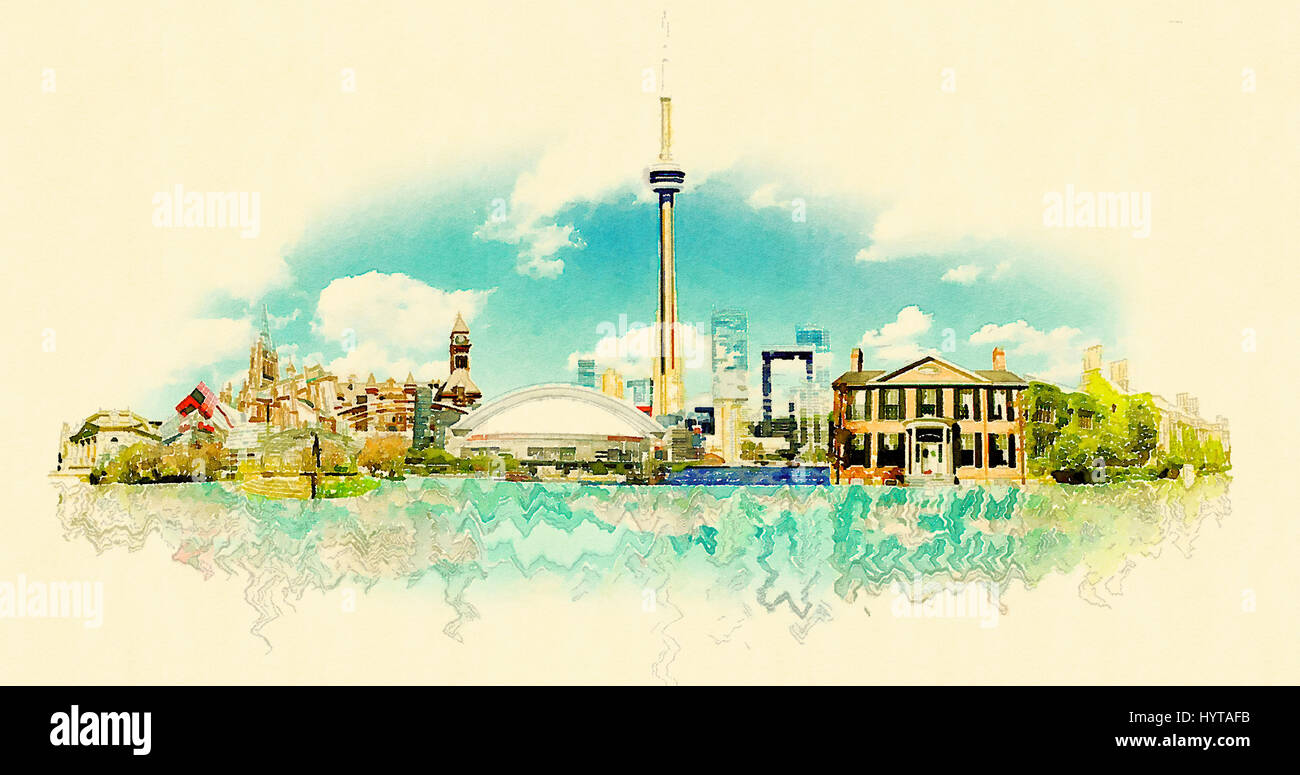 high resolution panoramic watercolor TORONTO city illustration Stock ...