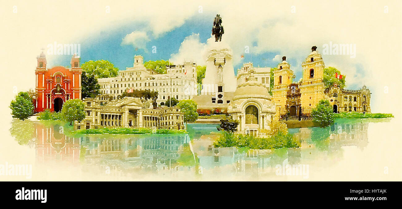 LIMA city water color vector panoramic illustration Stock Photo - Alamy