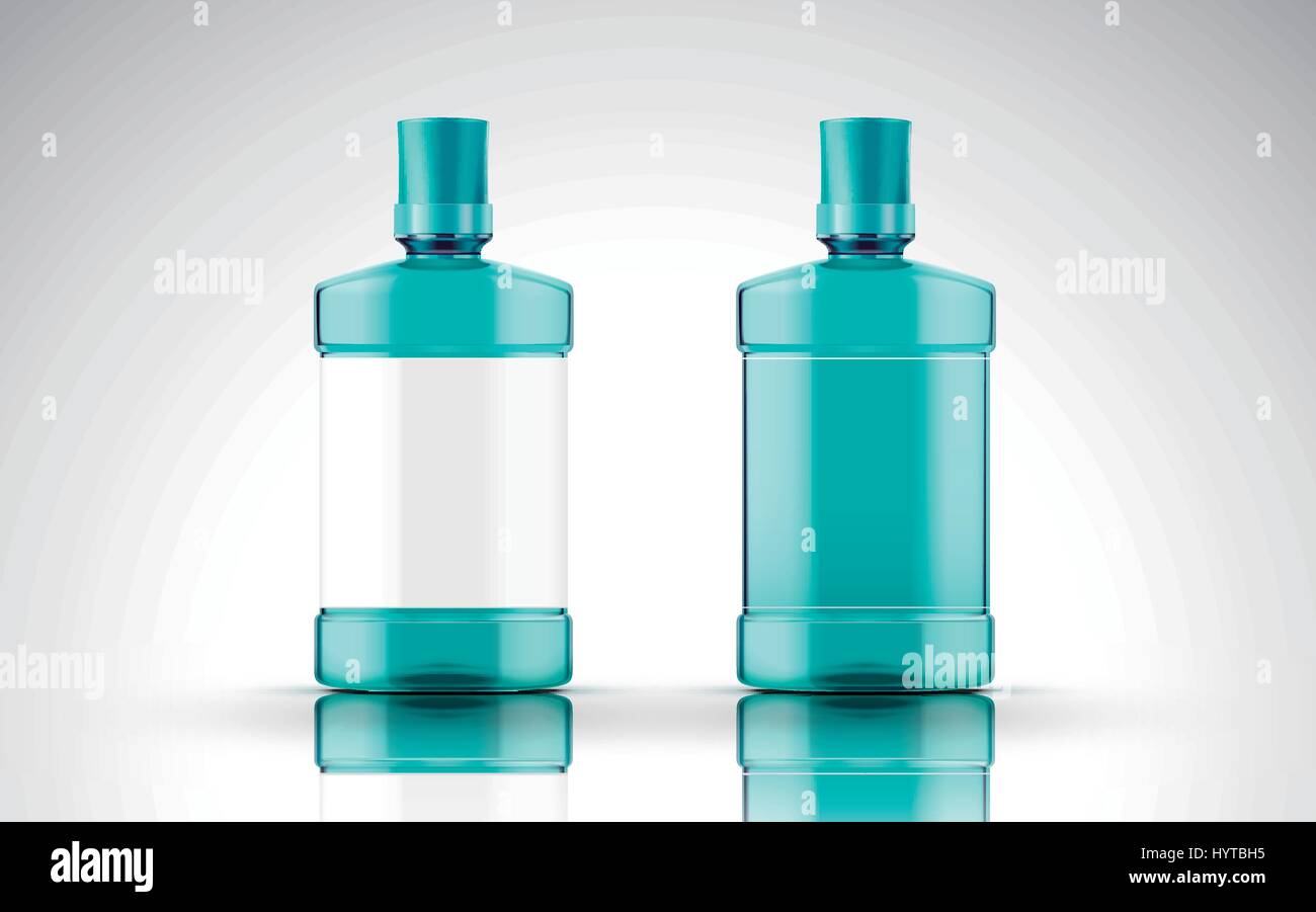 blue chemical liquid contained in two plastic bottles, isolated white ...