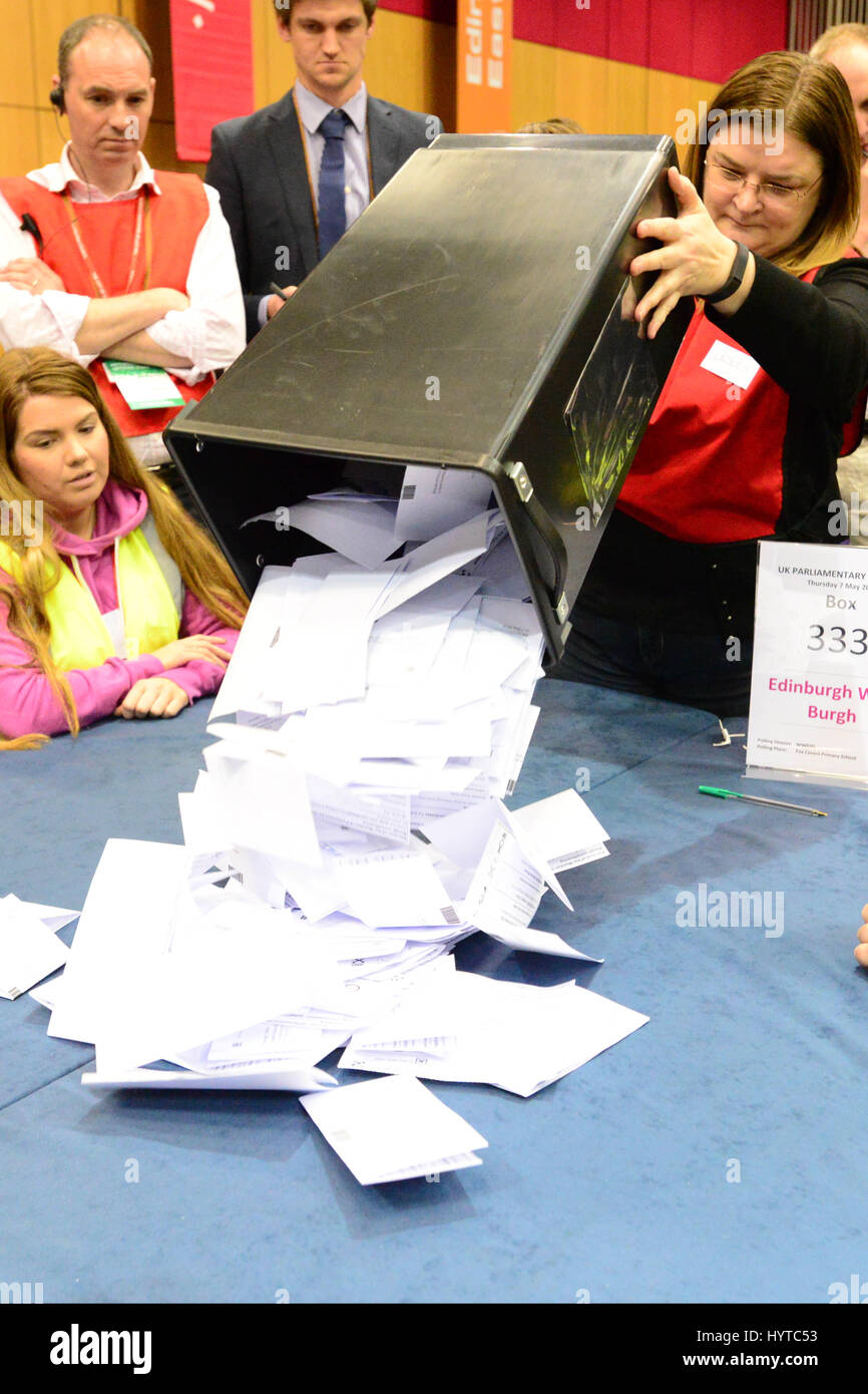 The first ballot box is emptied at the Edinburgh general election count ...