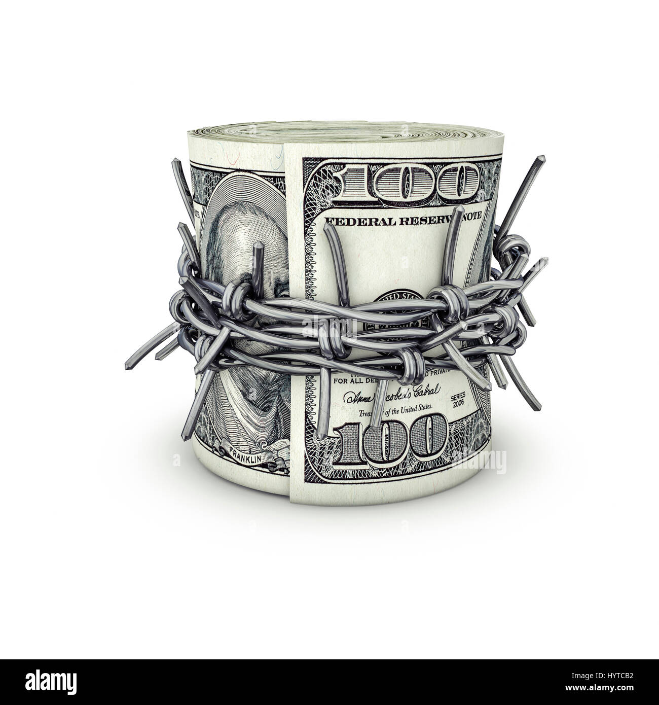 Forbidden money dollars / 3D illustration of rolled up hundred dollar ...