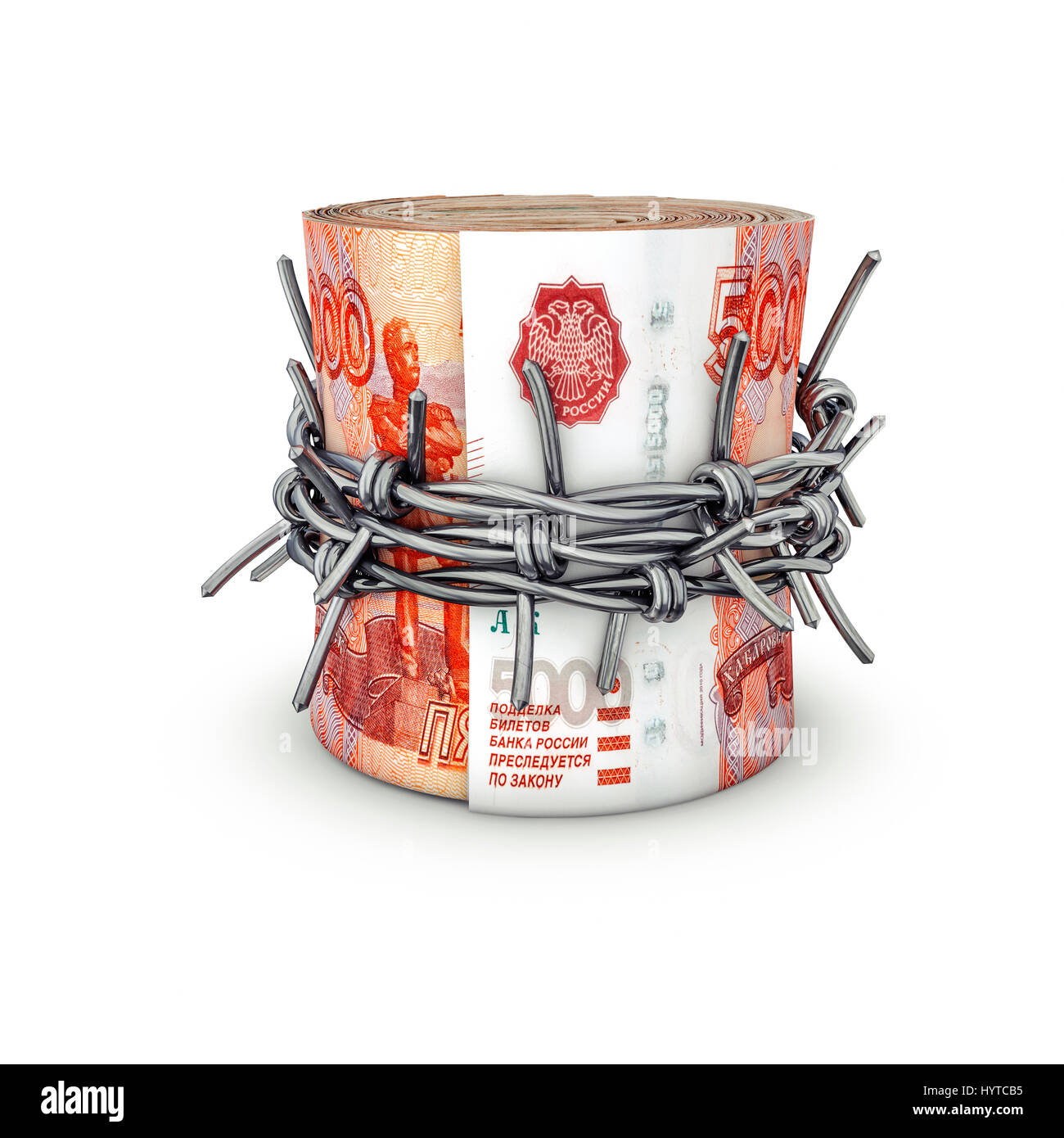 Forbidden money Russian rubles / 3D illustration of rolled up Russian ...