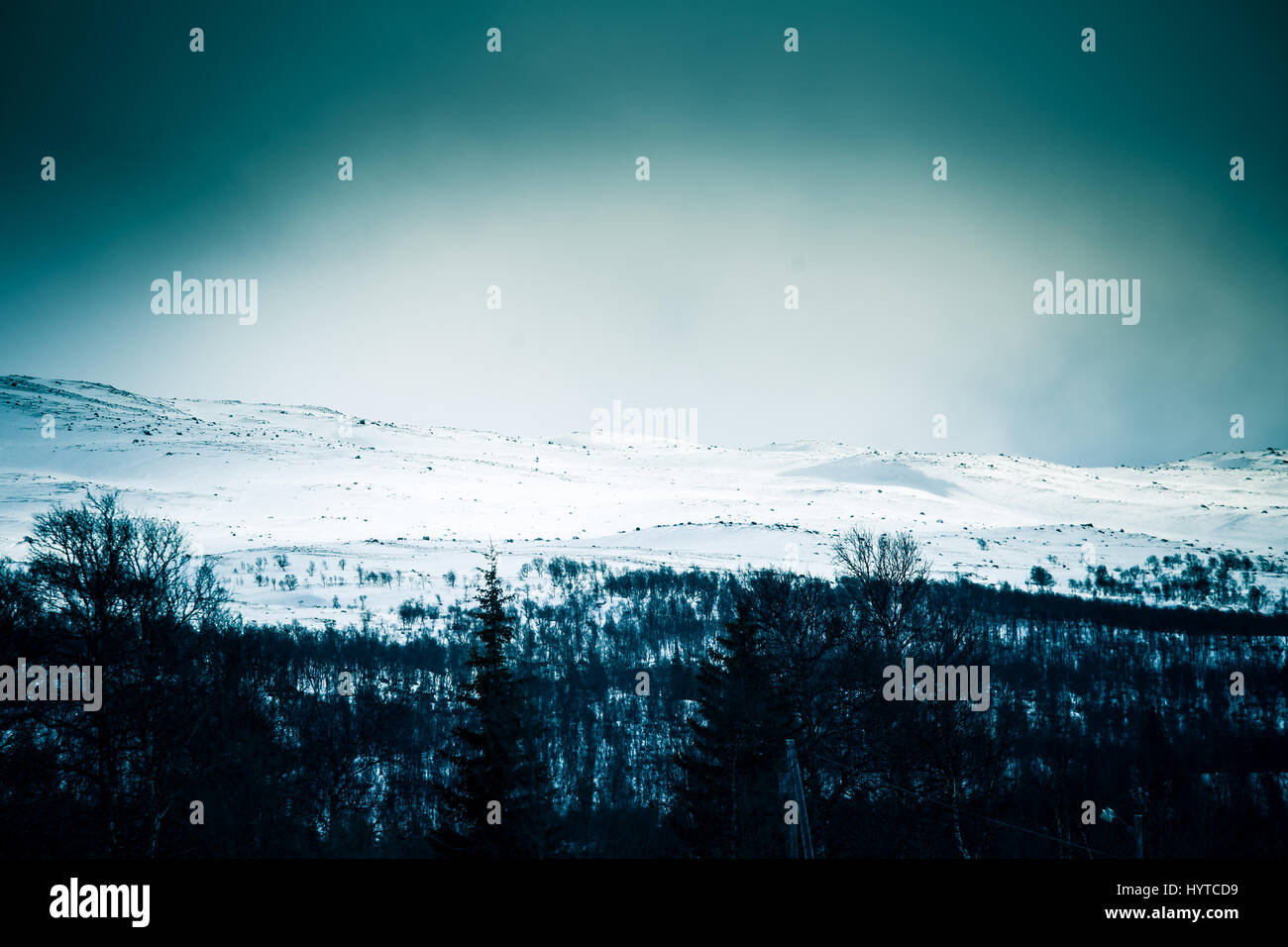 A beautiful, dramatic, colorful winter landscape with mountains in ...