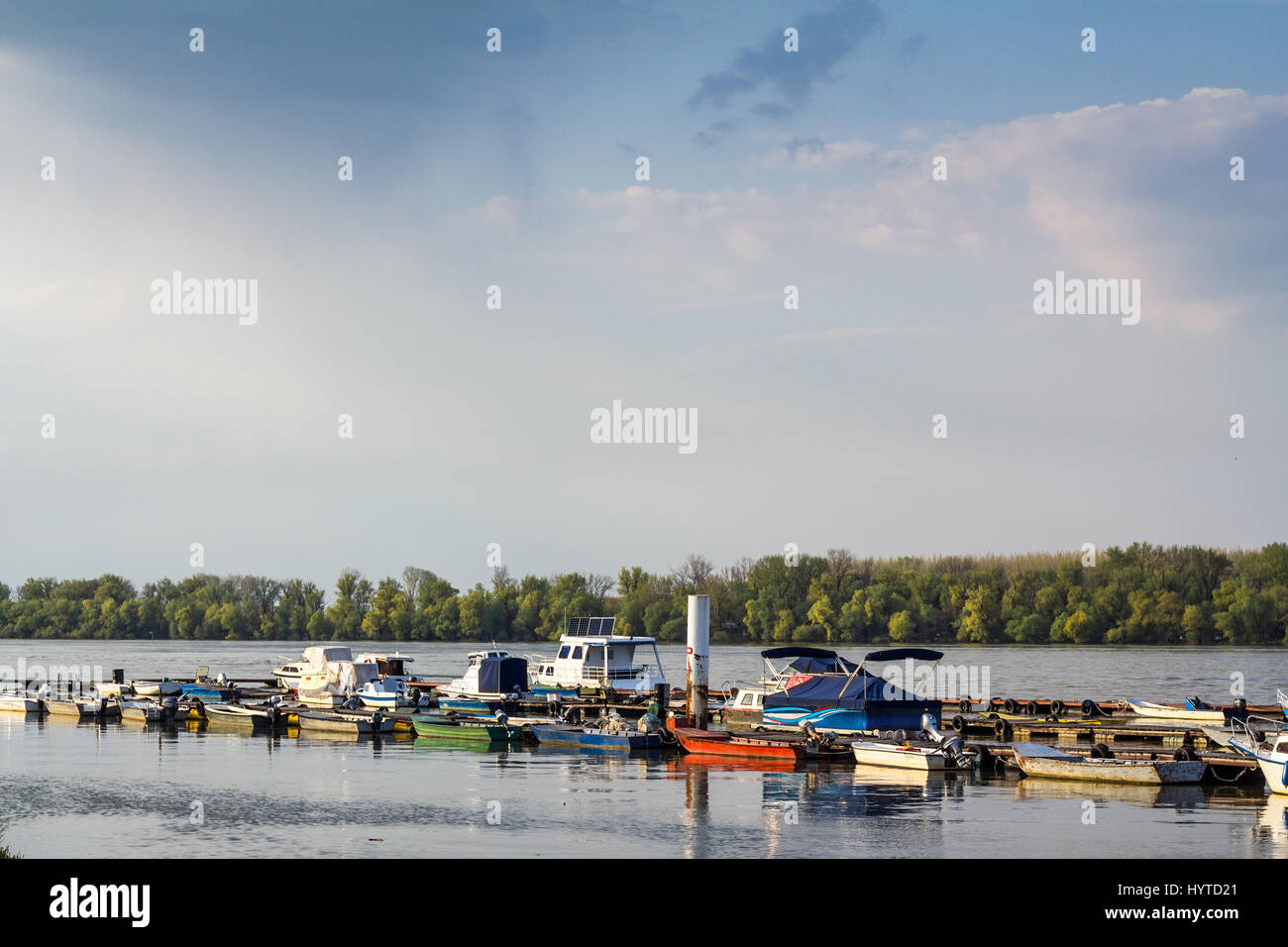Boats and ships anchored on Zemun quay on the Danube river in Belgrade ...