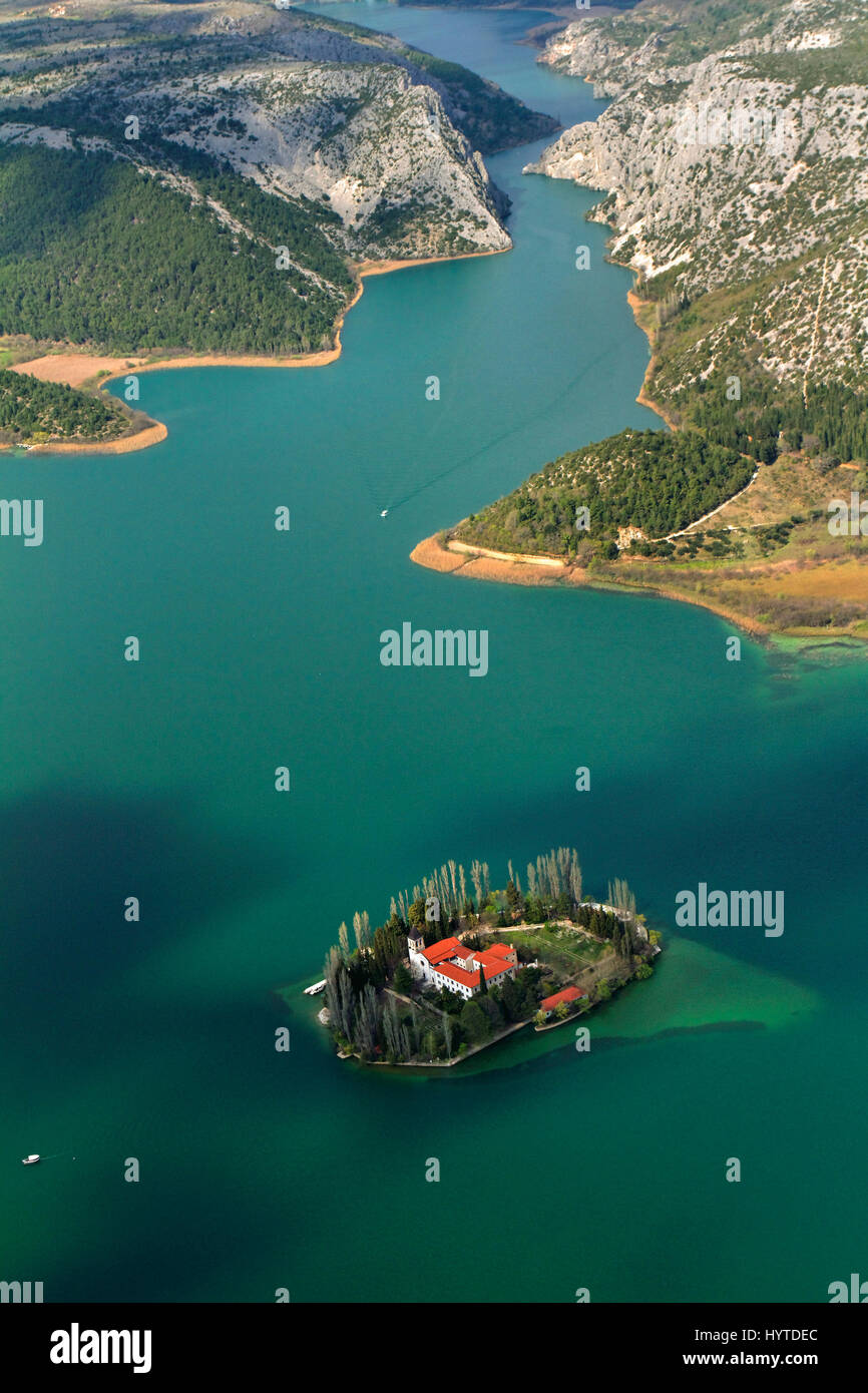 Aerial view of Visovac Island with the monastery on Krka, Croatia Stock ...