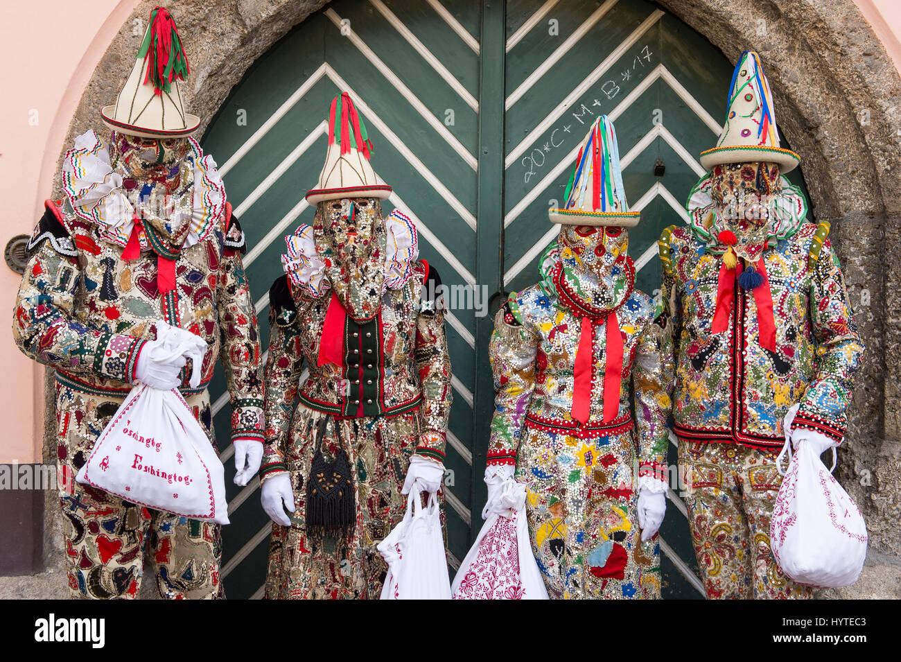 Ausseer Flinserl, disguised people in costume with ruff, hats, face ...