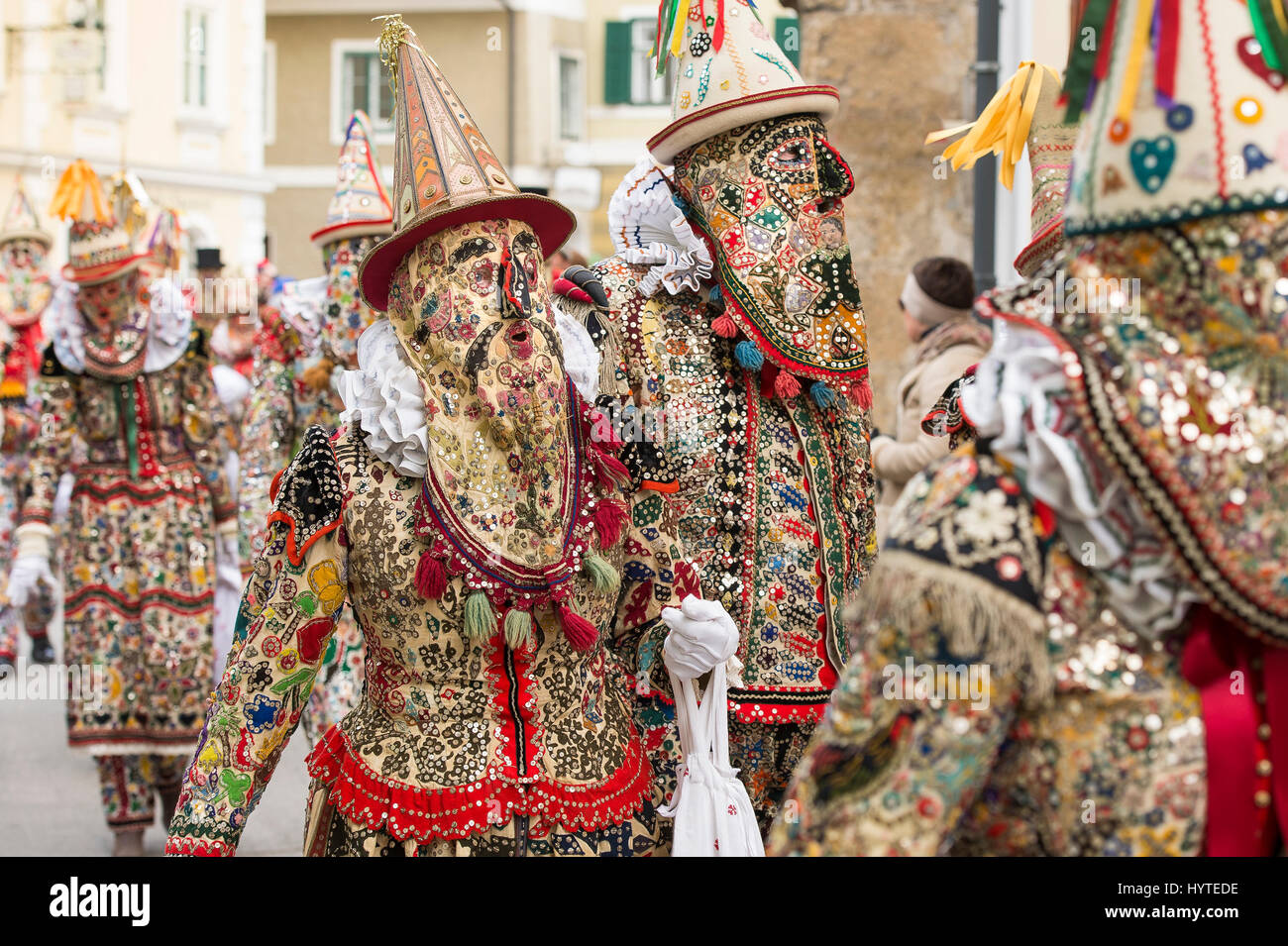 Ausseer Flinserl disguised people in costume with face masking or Gugl ...