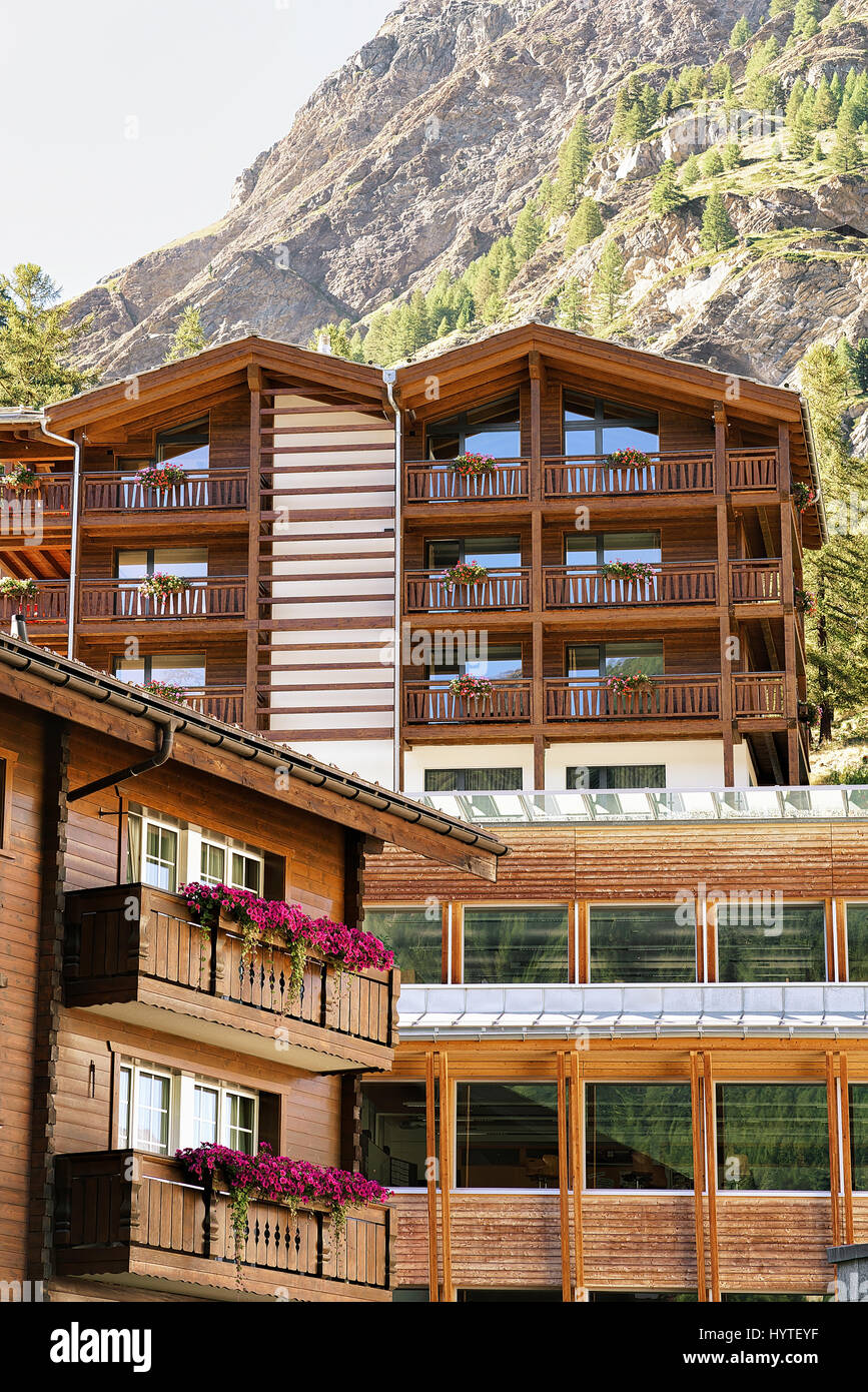 Wooden Swiss chalet in mountains, Zermatt, Switzerland in summer Stock ...