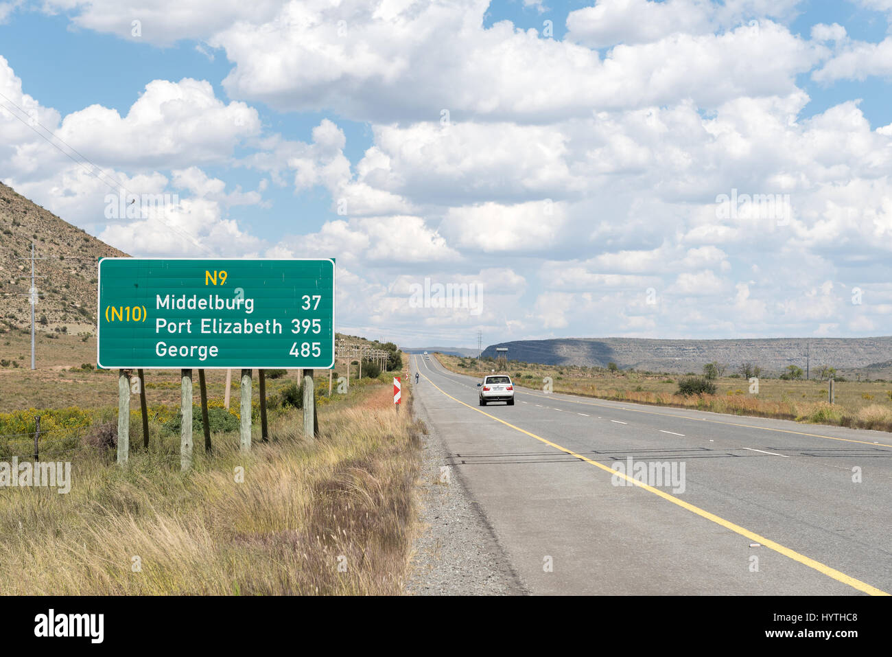 NOUPOORT, SOUTH AFRICA - MARCH 21, 2017: A distance sign on the N9 road ...