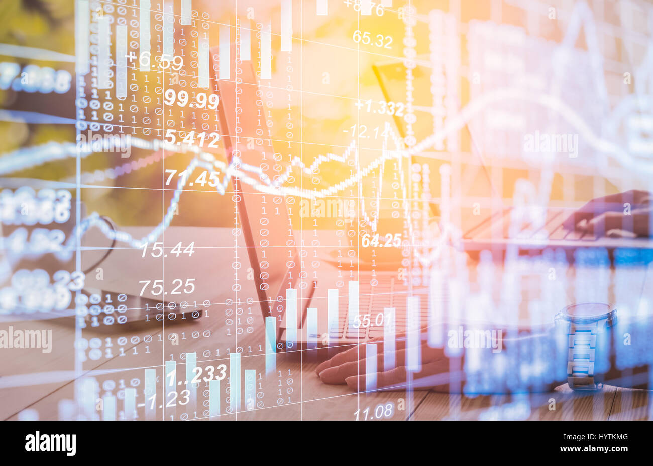 Business man on digital stock market financial indicator background ...