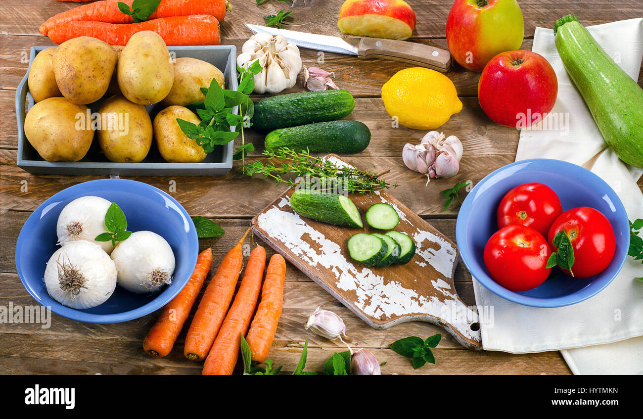 Raw organic vegetables and fruits. Healthy Food background. Top view ...