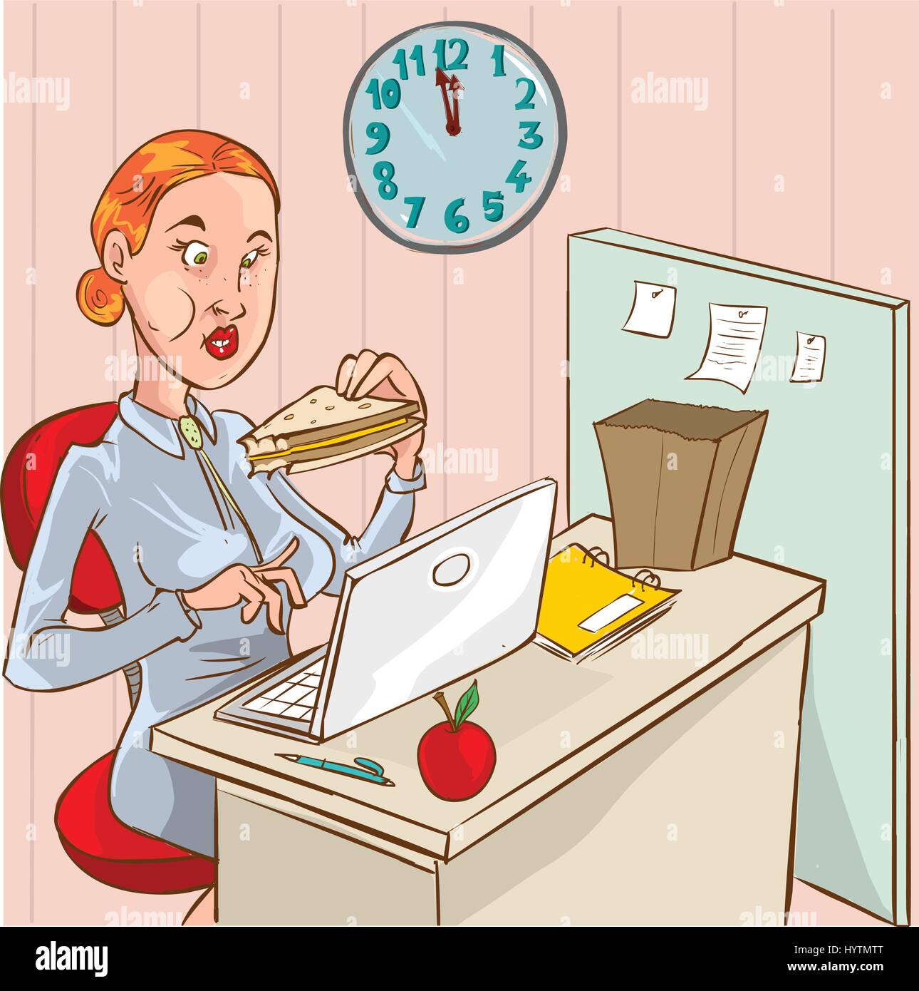 vector illustration of a eating woman in the office Stock Vector Image ...