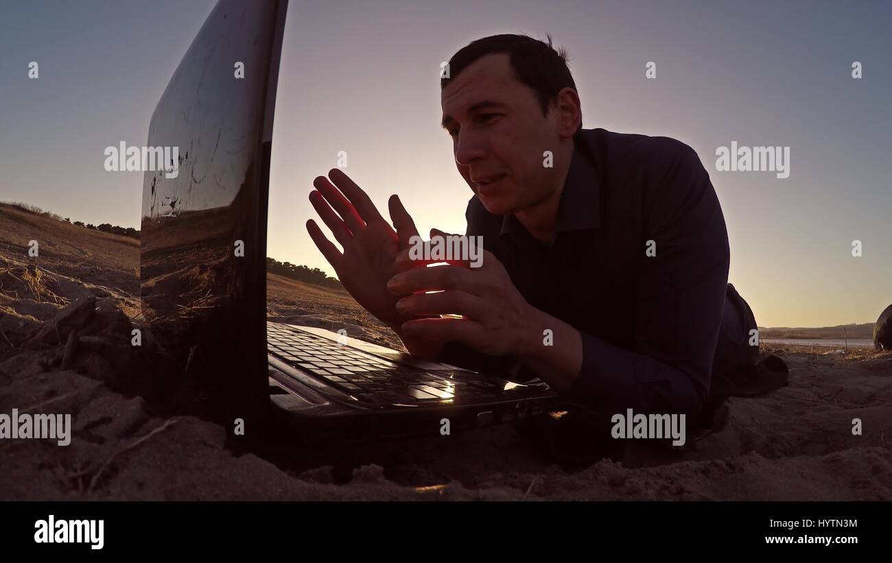 video call. woman and man talking on web camera in office Stock Photo ...
