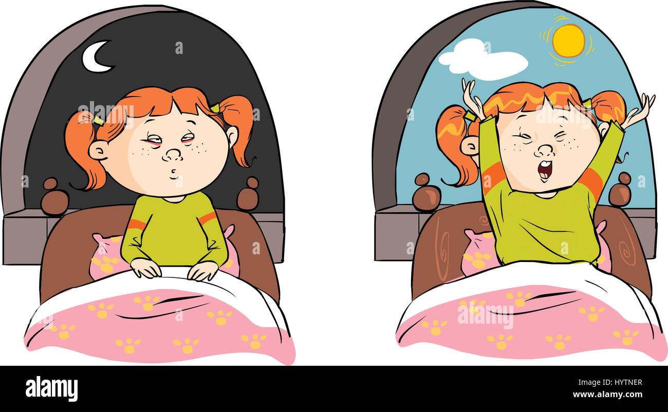 vector illustration of a girl sleeping and awakening Stock Vector Image ...