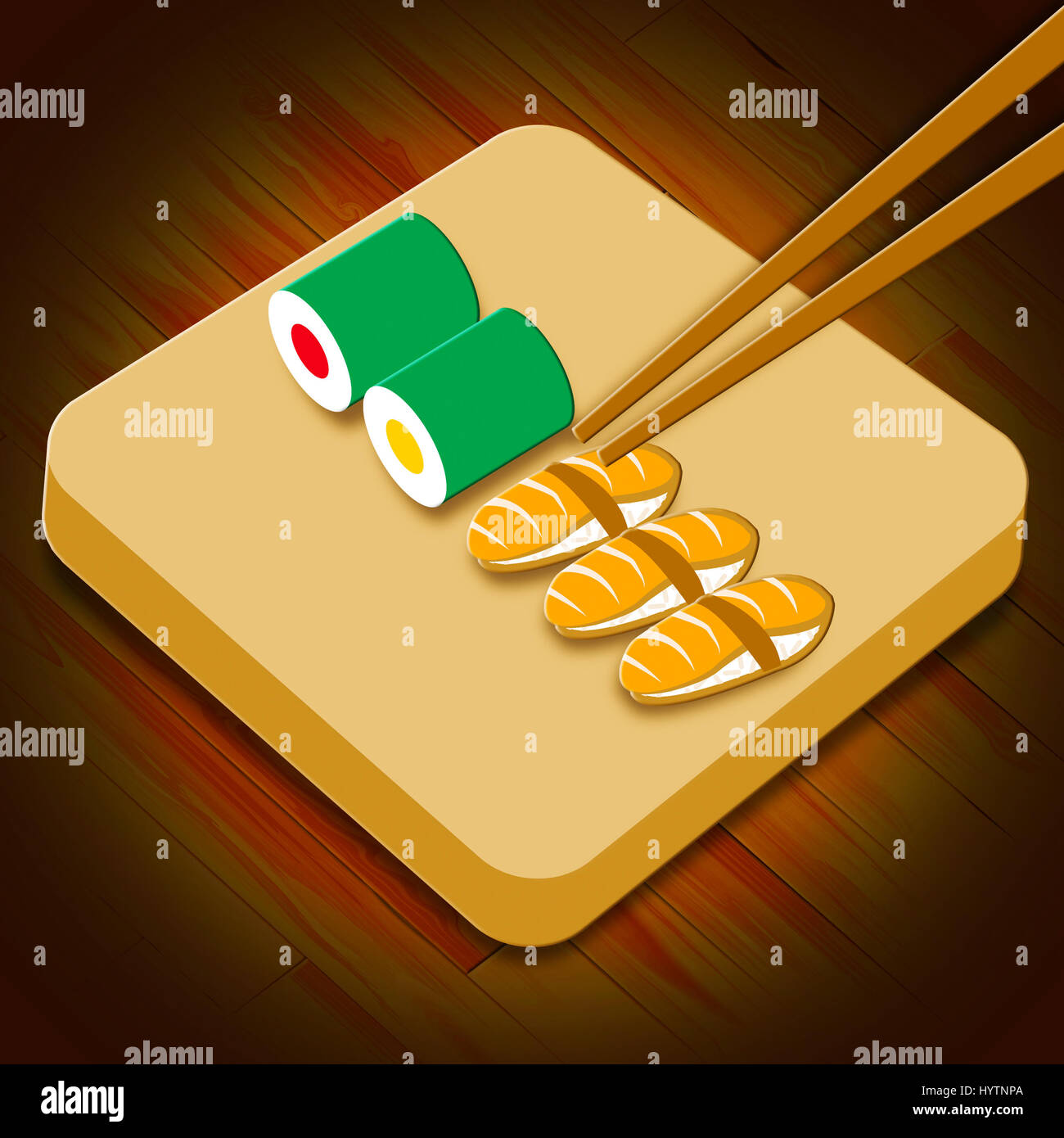 Sushi Assortment Shows Japan Cuisine 3d Illustration Stock Photo - Alamy