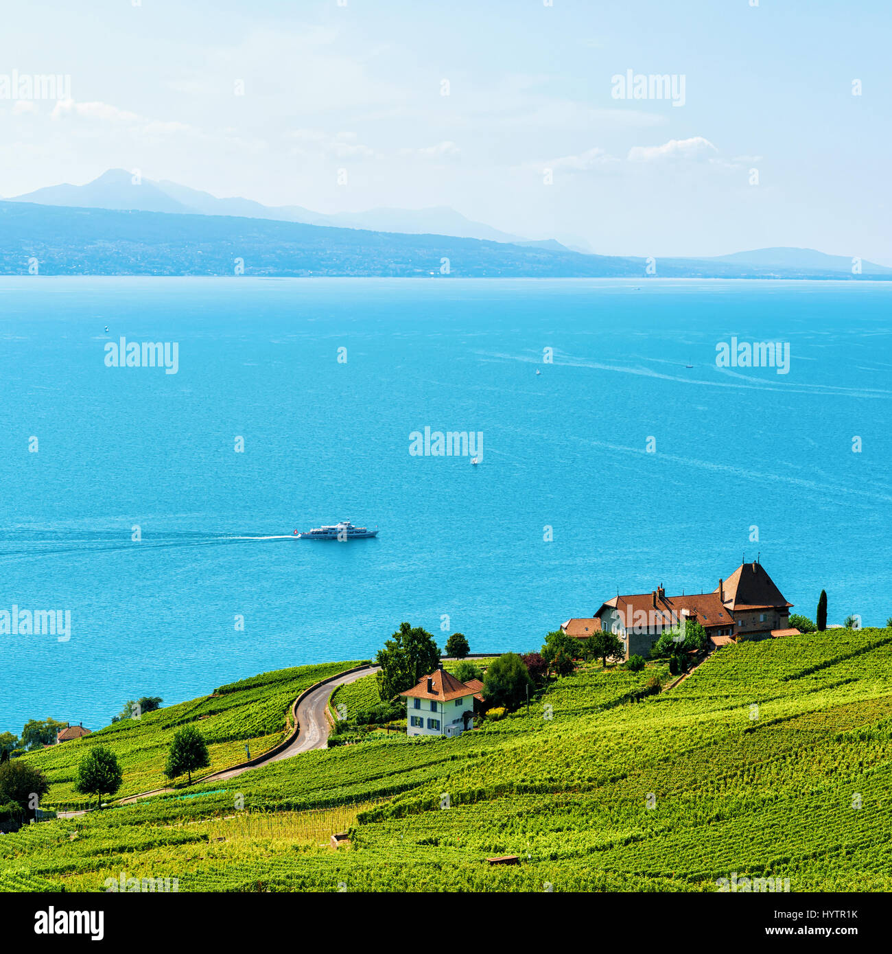 Lavaux Vineyard Terrace hiking route and ship on Lake Geneva and Alps ...