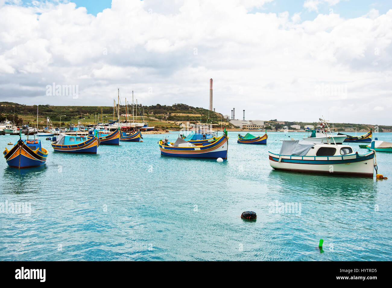 Luzzu colored boats at Marsaxlokk Harbor of Malta island Stock Photo ...