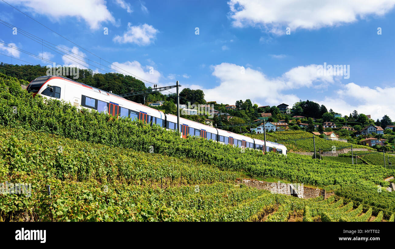 Running train in Lavaux Vineyard Terraces hiking trail, Lavaux-Oron ...