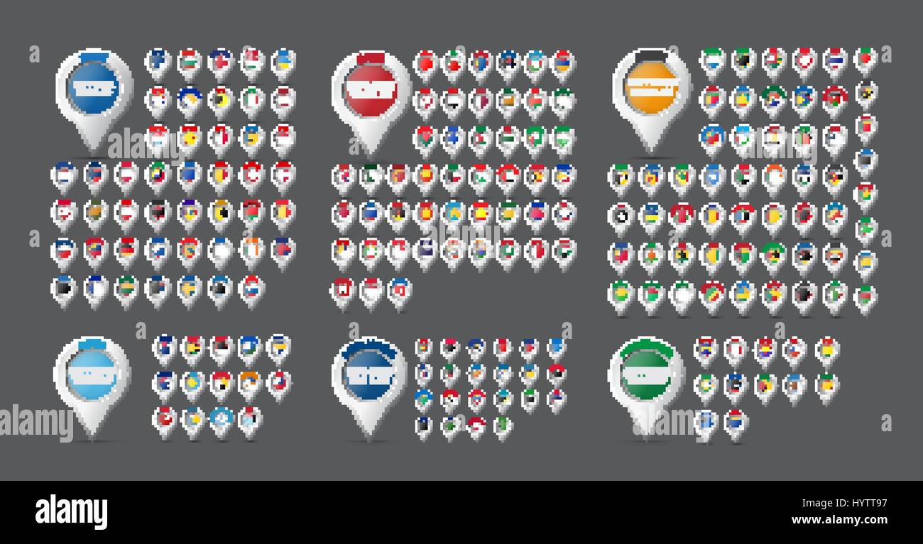 Set of pointers for a map with flags of all countries and continents of the world and their name ...