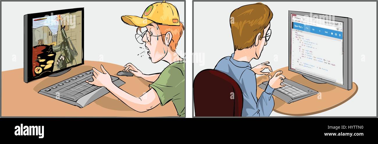 white background vector illustration of a computer addicted Stock ...