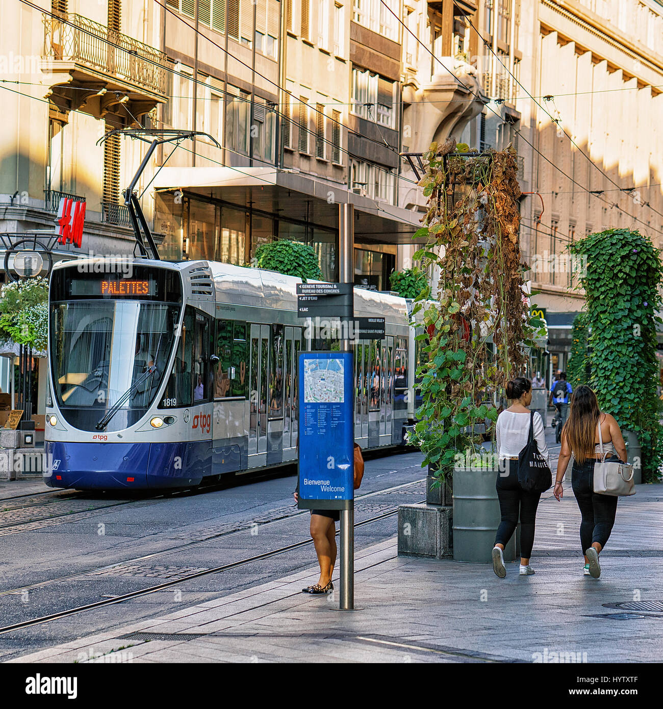 Geneva, Switzerland - August 30, 2016: Running tram in Street in the ...