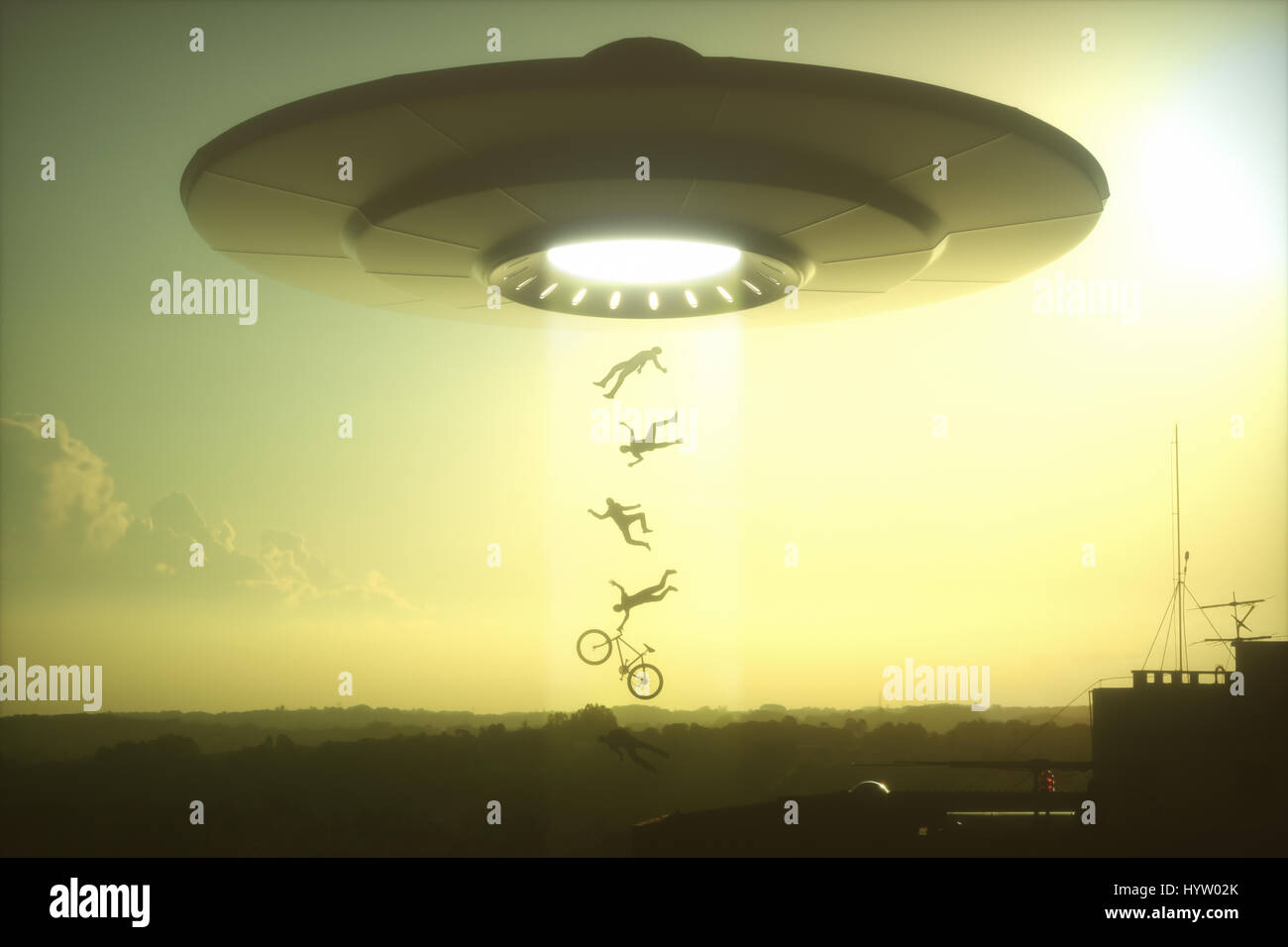 3D illustration. Concept of alien abduction. People levitating into the ...