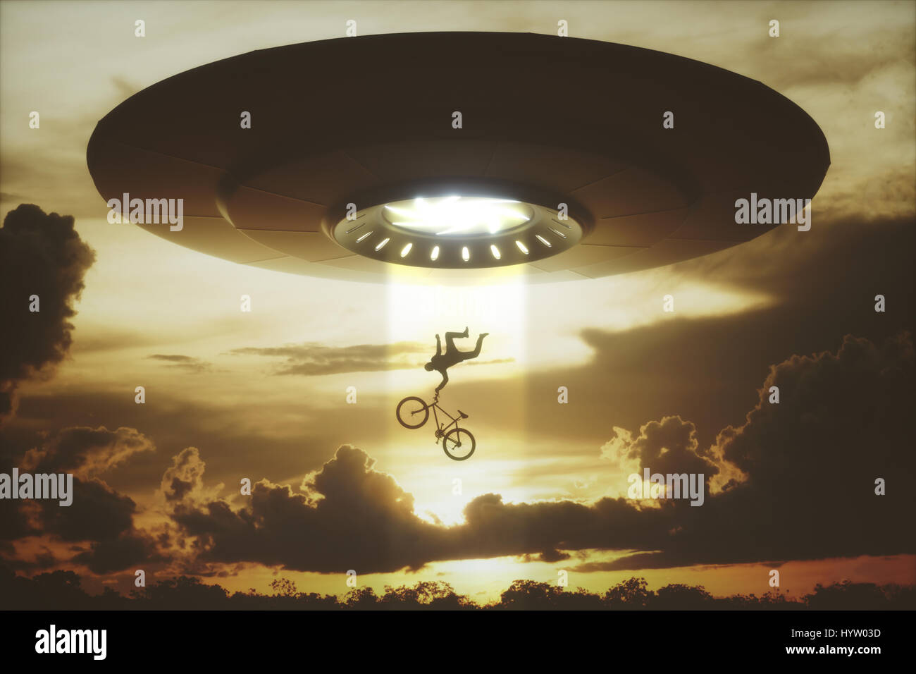 3D illustration. Concept of alien abduction. People levitating into the ...