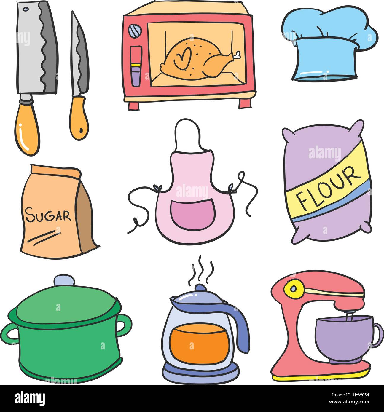 Collection stock kitchen set colorful doodles Stock Vector Image & Art ...