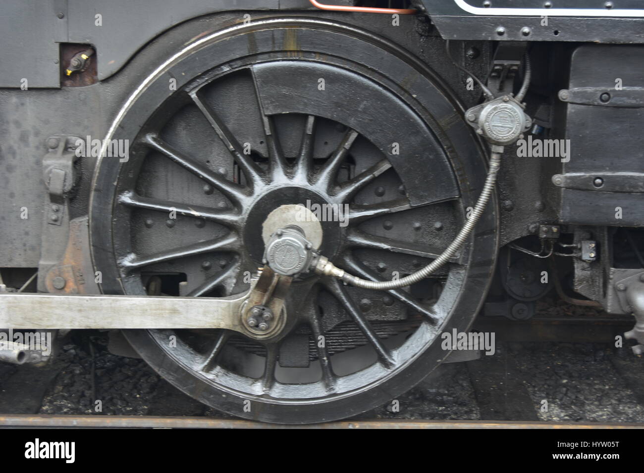 A closeup of a steam engine wheel taken at Sheringham station on the ...