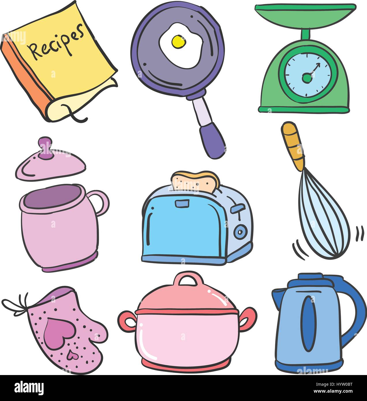 Collection kitchen set colorful doodles Stock Vector Image & Art - Alamy