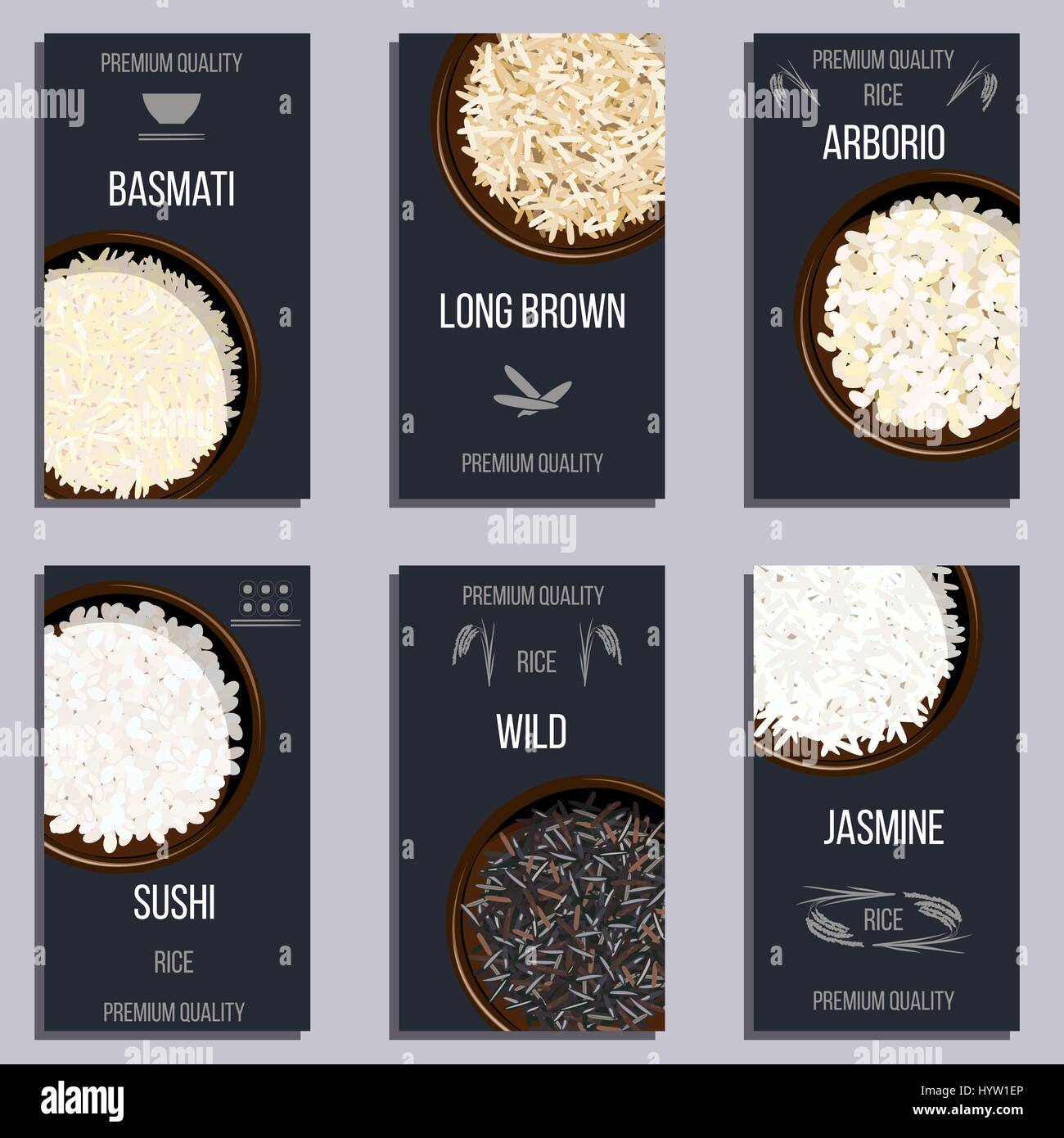 Labels set with Different types of rice in pots. Basmati, wild, jasmine ...