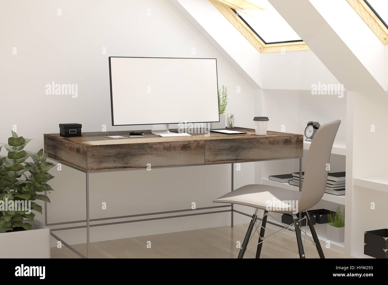 3d rendering of attic workplace. White screen on computer Stock Photo ...