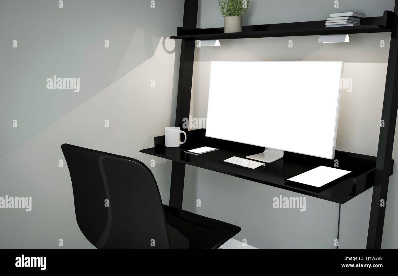 3d rendering of minimal set up desktop in a shelves. White screen Stock ...