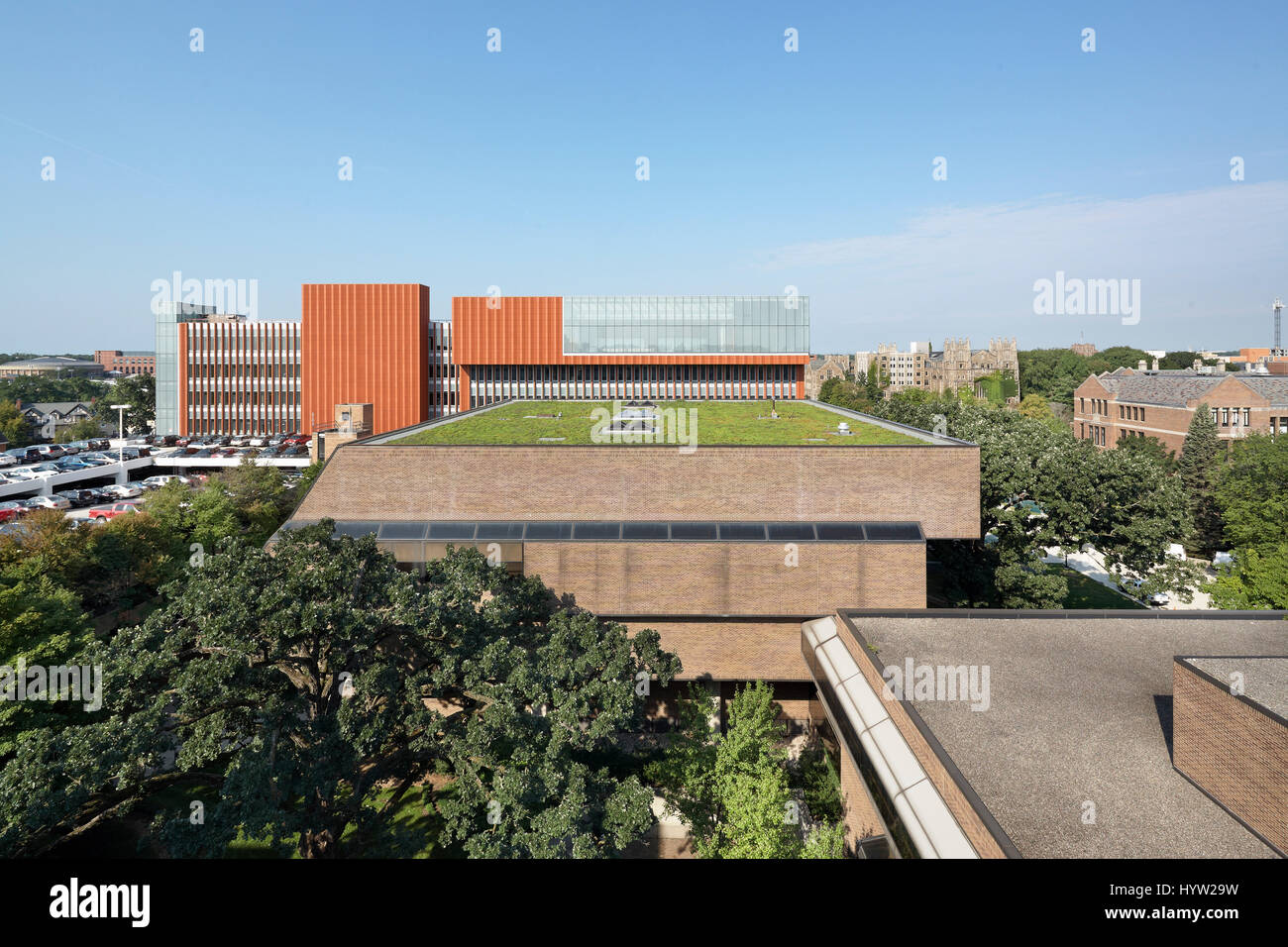 Elevated view of green roof on top of Kresge Library Building ...