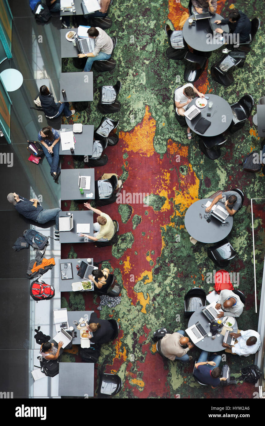 Interior view from above of carpeted communal space in the central ...