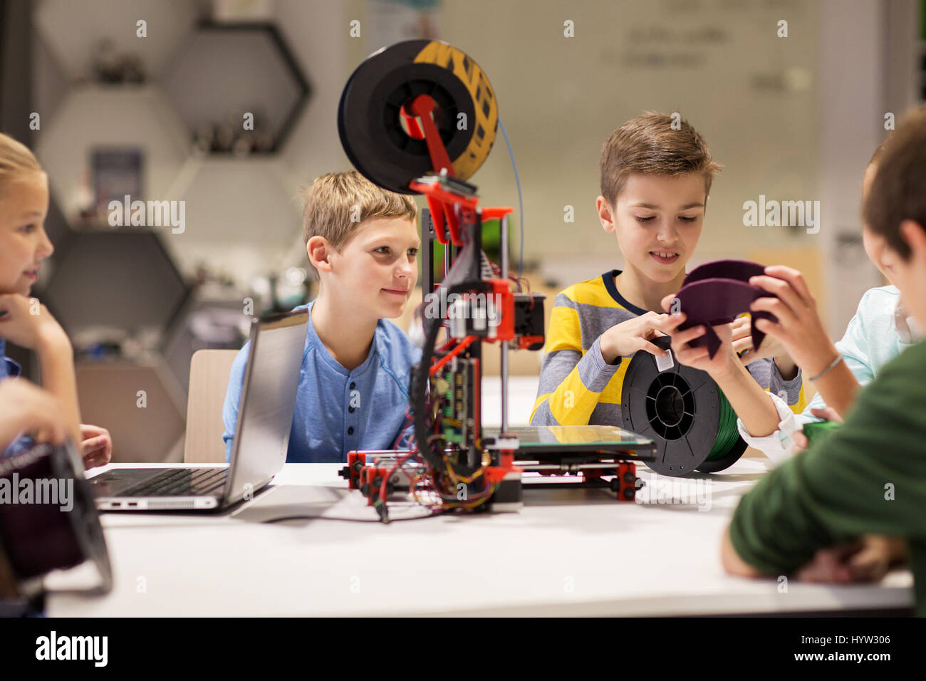 happy children with 3d printer at robotics school Stock Photo - Alamy