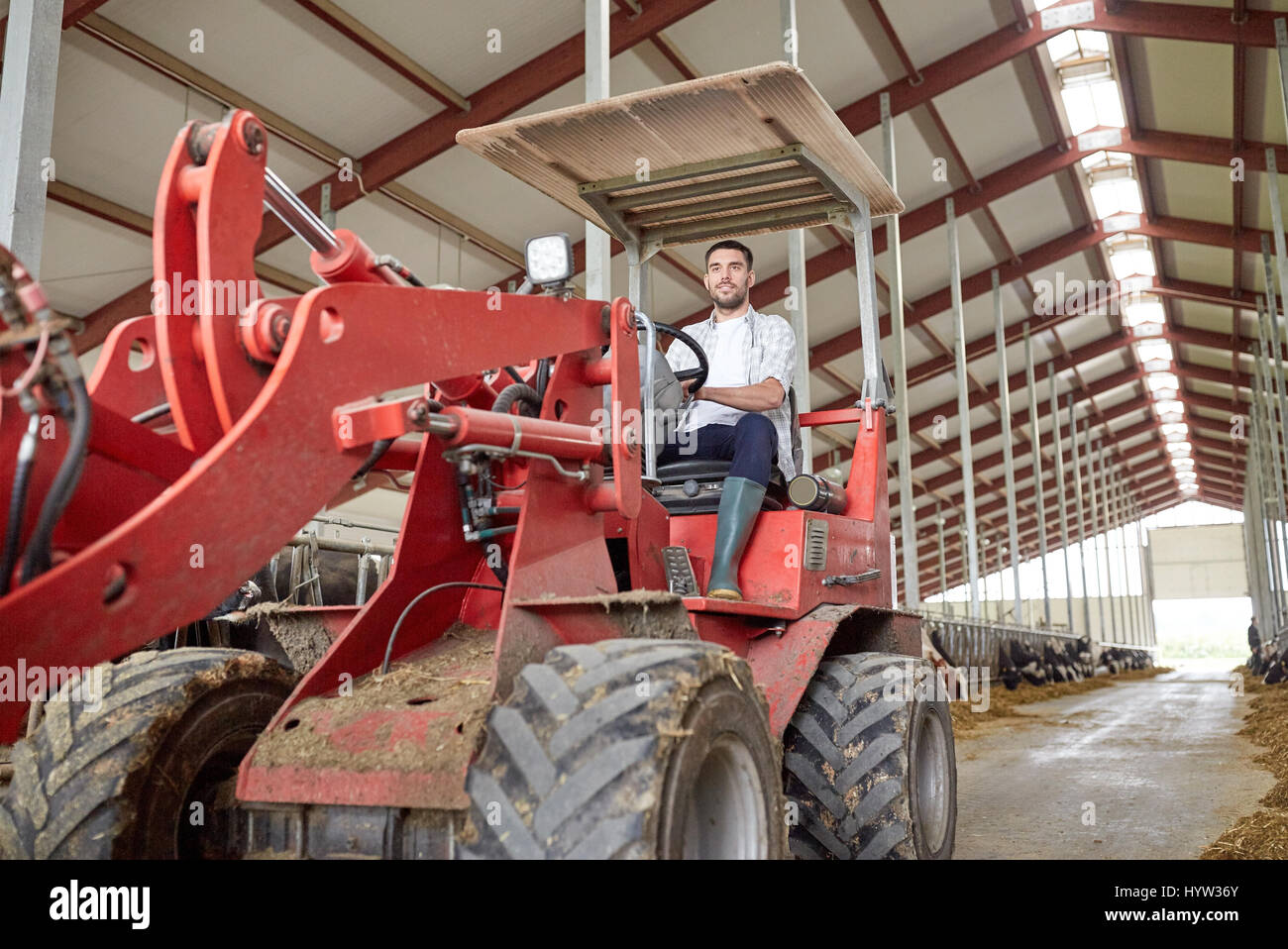 man or farmer driving tractor at farm Stock Photo - Alamy