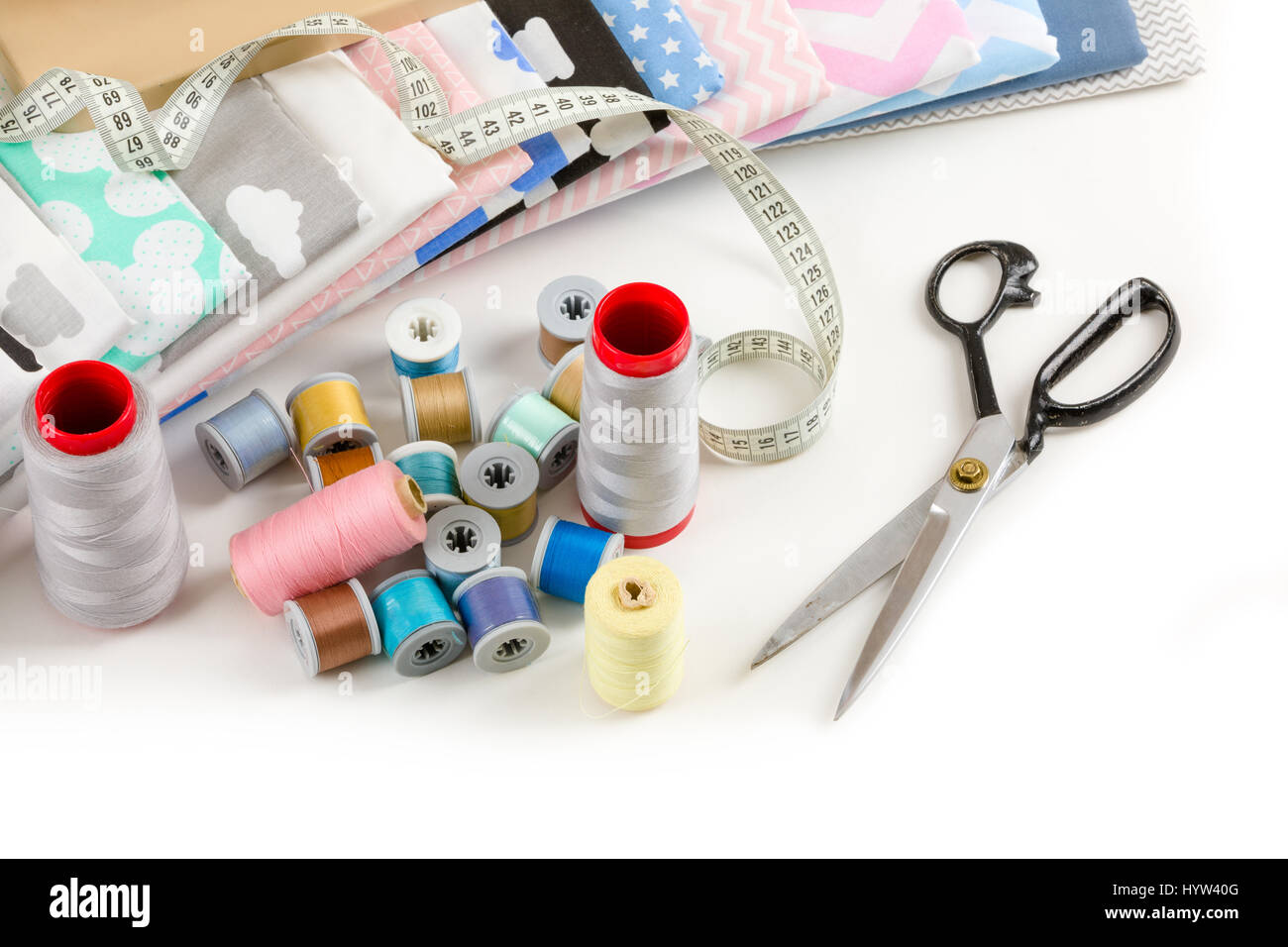 cotton fabric material, tailor measurement tape with scissors and ...