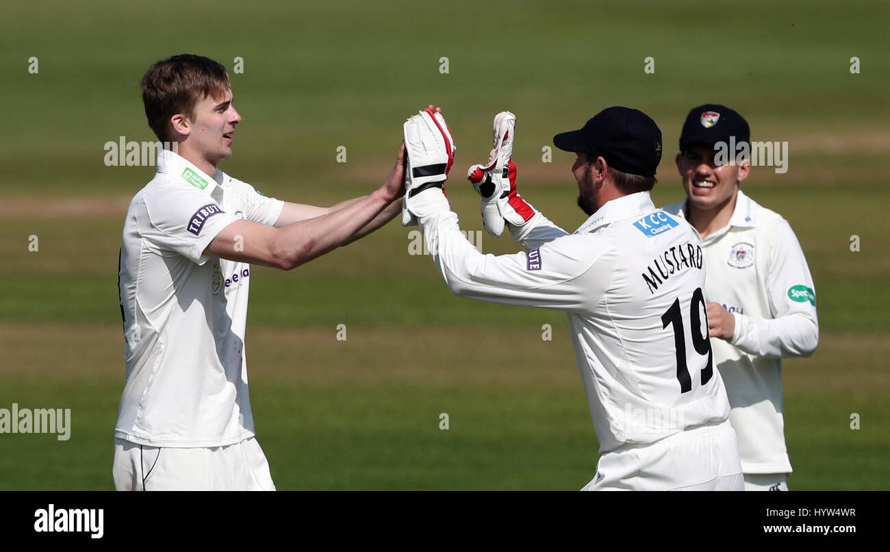 Gloucestershire's Craig Miles celebrates taking the wicket of Kent's ...