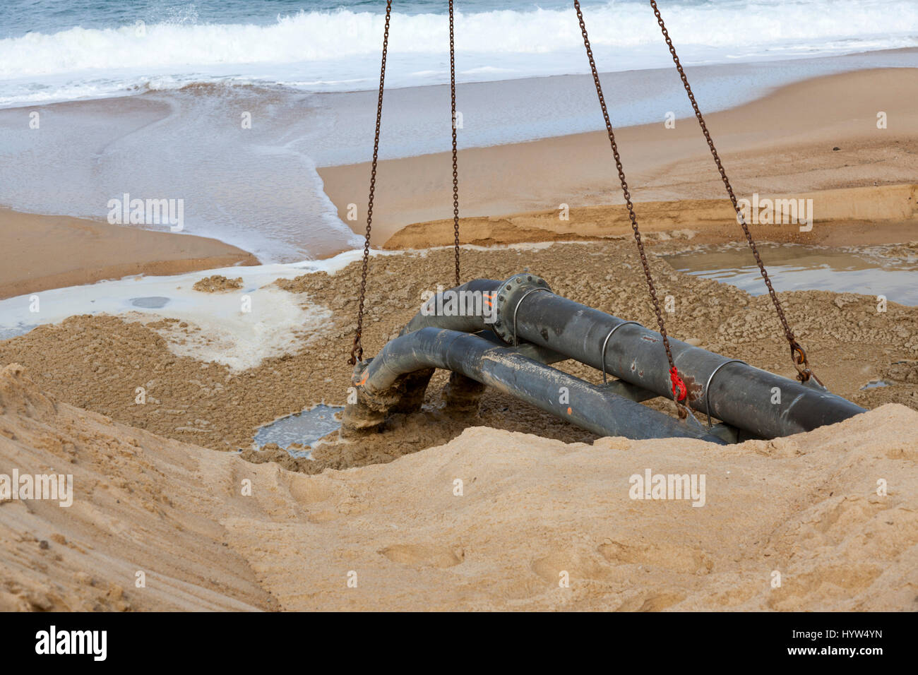 Hydraulic transfer system of sand, at Capbreton (Landes - France). With ...