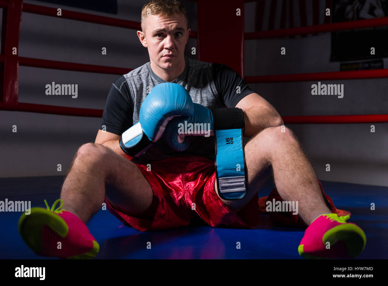 Young male boxer sitting in regular boxing ring and puts on boxing ...