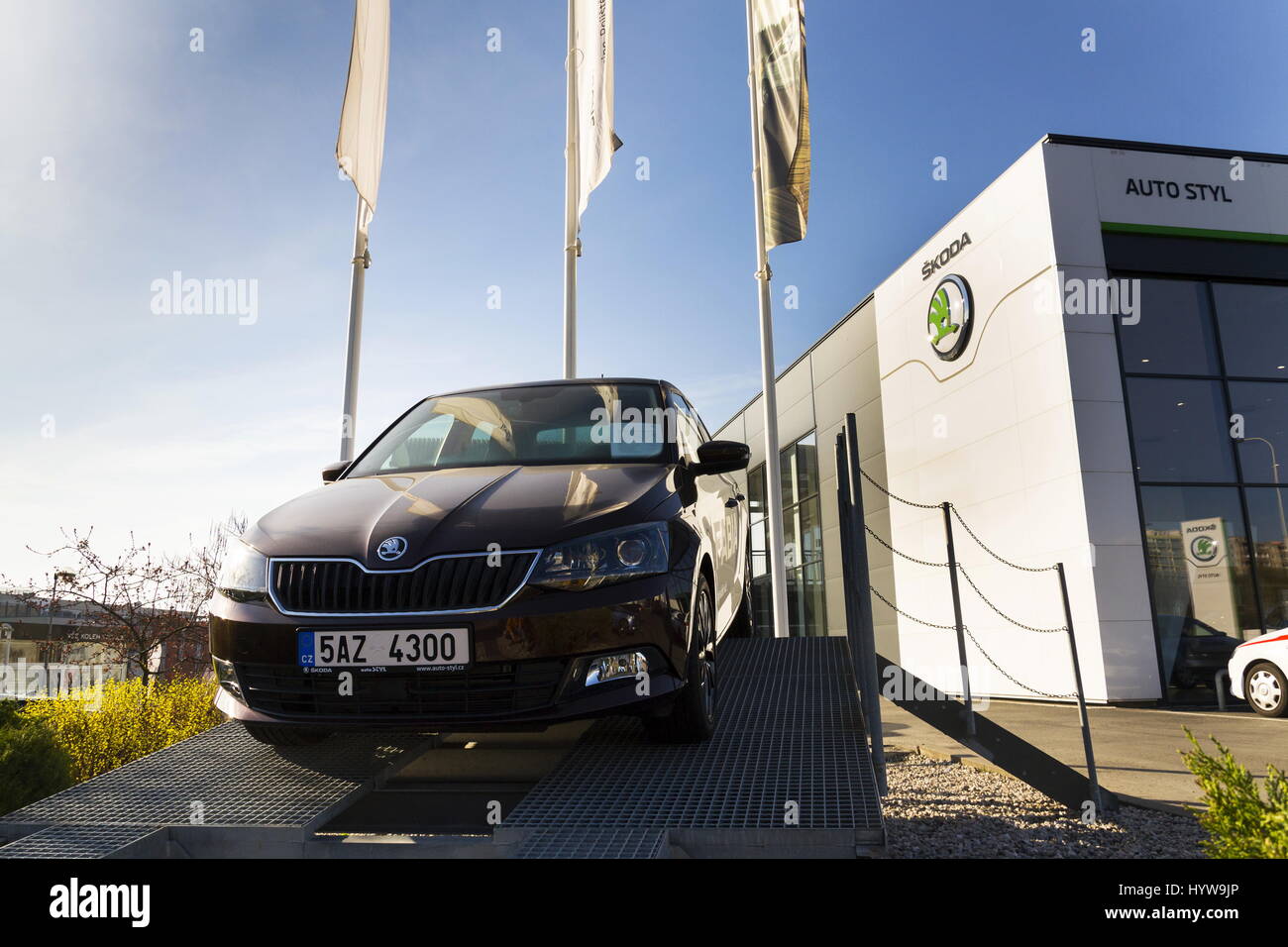 PRAGUE, CZECH REPUBLIC - MARCH 31: Skoda Fabia in front of dealership ...