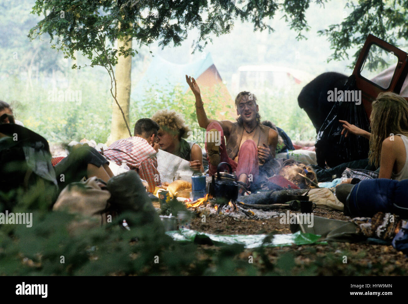 Hippies and New Age Travellers camping in woodland near Stonehenge in ...
