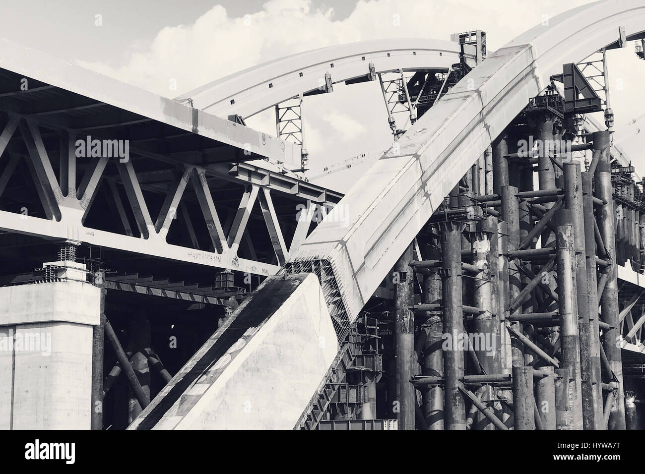 Abandoned old bridge, big engineering construction with metal concrete ...