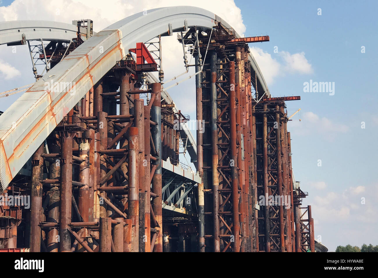 Abandoned old bridge, big engineering construction with metal concrete ...