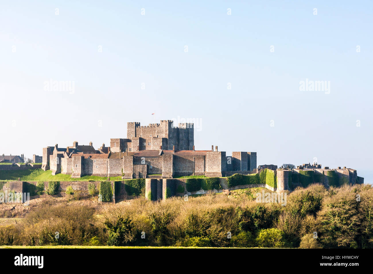 Distant shot of Dover castle with outer and inner curtain walls and ...