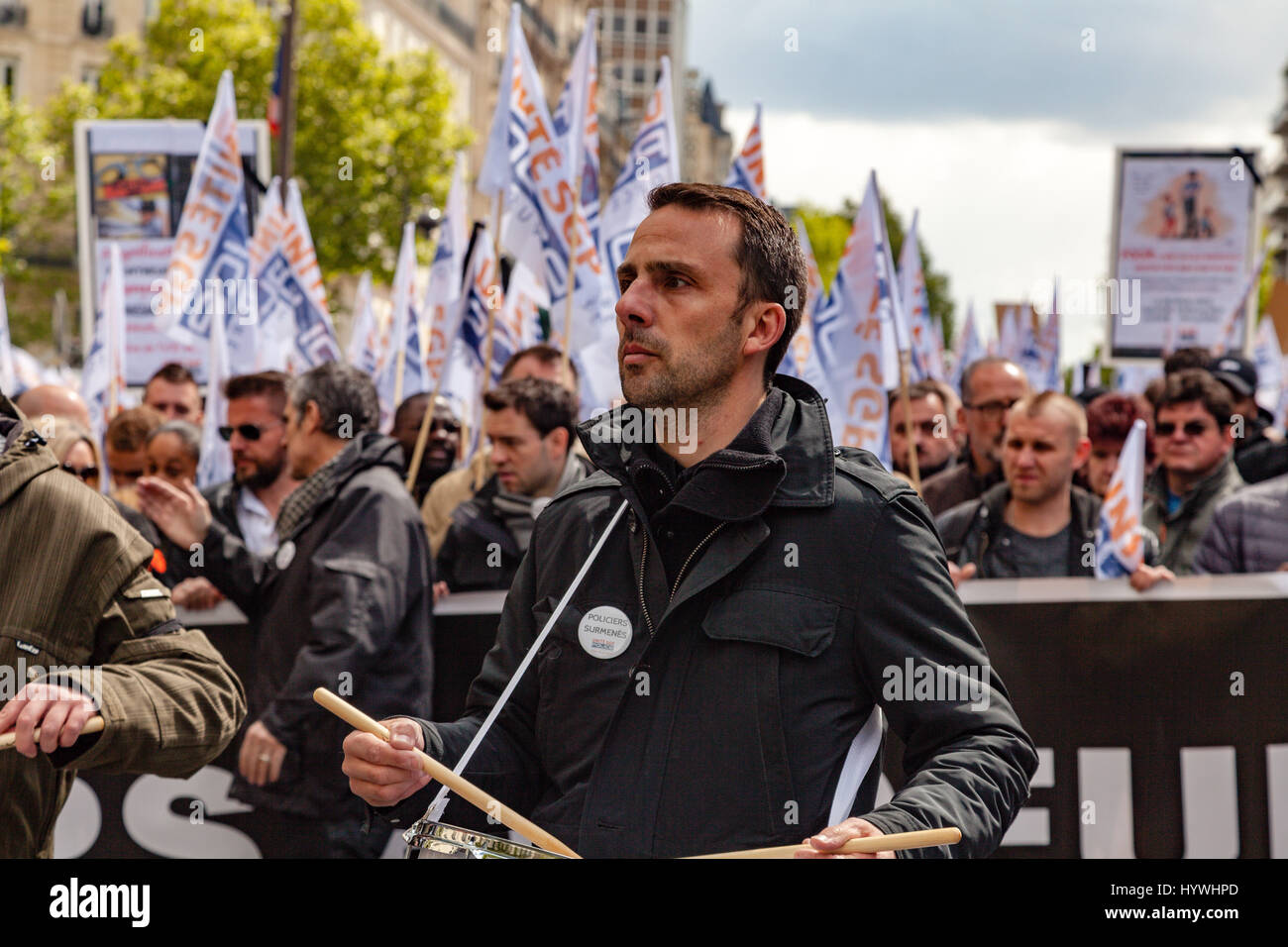 Paris, France. 26th April, 2017. Police officers playing drum during ...