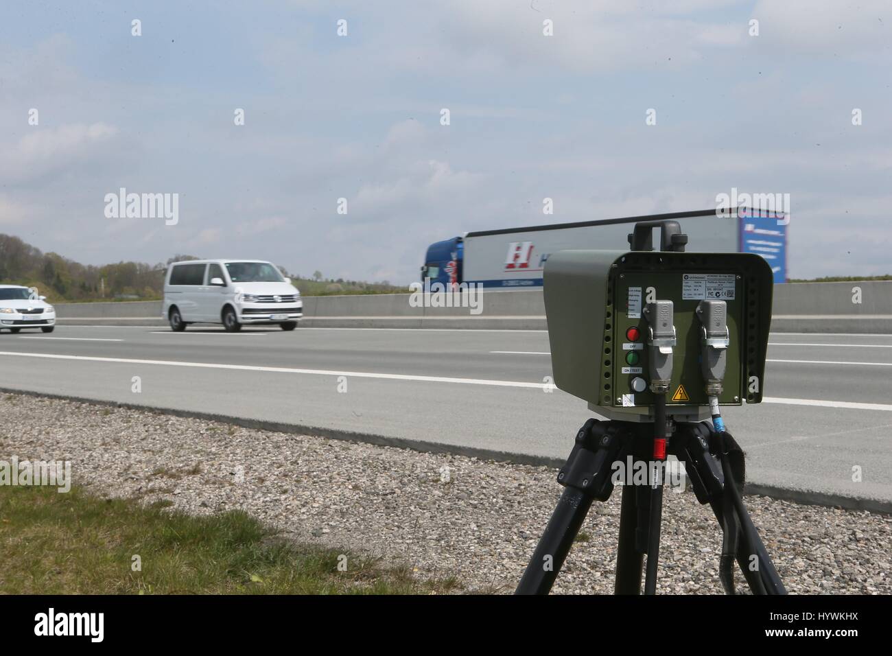 Schleiz, Germany. 26th Apr, 2017. A Police radar device checks the ...