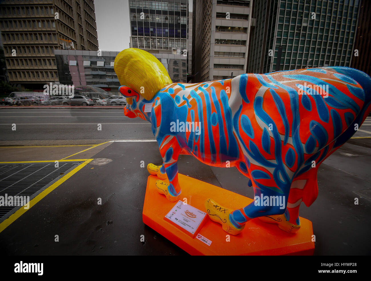 Sao Paulo, Brazil. 26th Apr, 2017. Sculpture of a colorful cow is seen ...