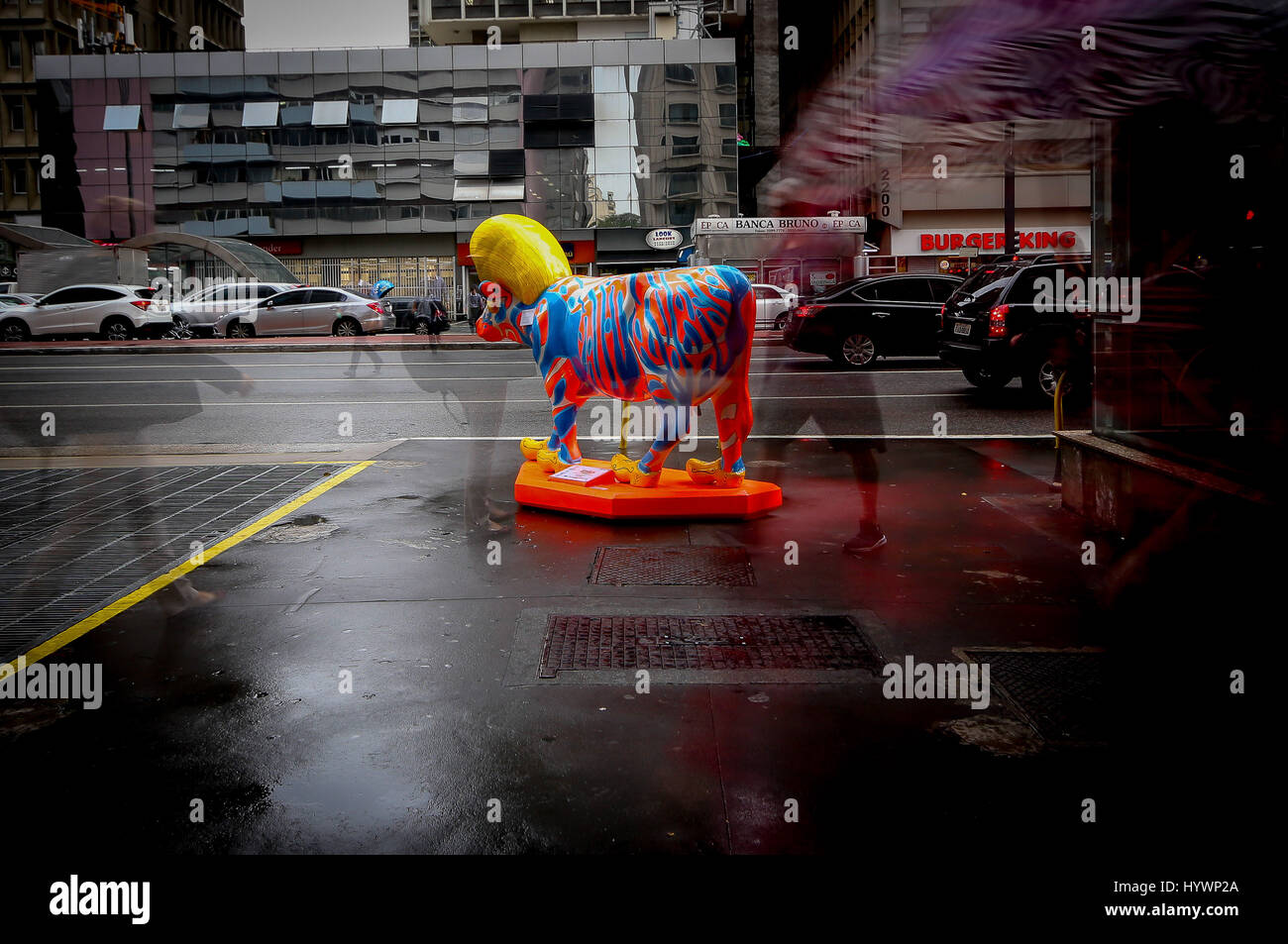 Sao Paulo, Brazil. 26th Apr, 2017. Sculpture of a colorful cow is seen ...